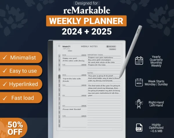 ReMarkable 2 Weekly Planner 2024 + 2025 - TabletTemplates.com